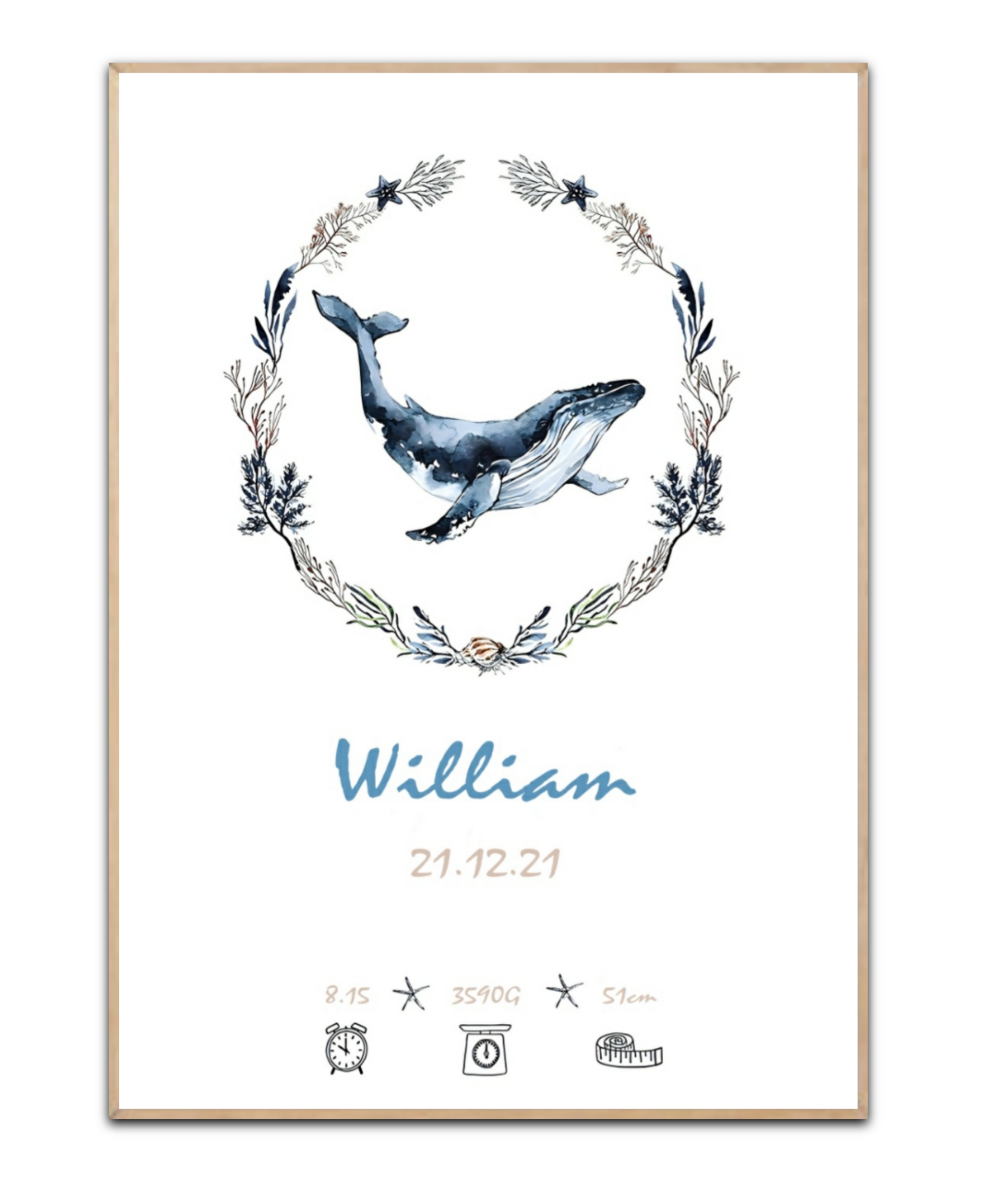 Fødselsplakat Hval, med valgfrit navn og data - Plakater - Ideal poster